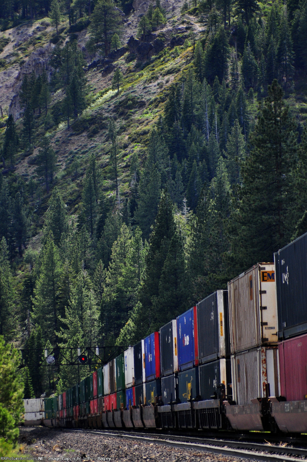 UP Stack train drifts downgrade at Coldstream Canyon.